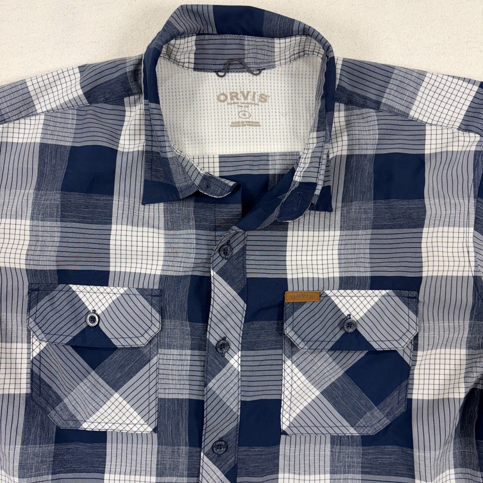 Orvis Men's Short Sleeve Woven Tech Shirt L Blue Plaid Logo Pockets ...