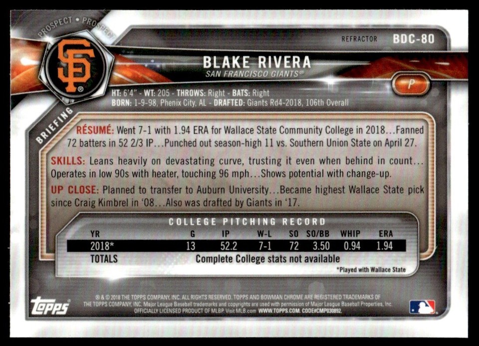 2018 Bowman Draft Chrome Refractor Blake Rivera G29 San Francisco ...