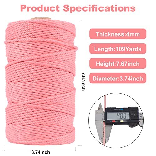 Macrame Cord 4mm x 109Yards 328Feet100% Natural Cotton Macrame Rope-4 ...