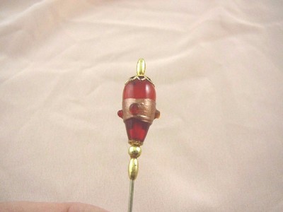 (u20) Red + copper striped glass gold beaded hatpin Pin hat pins ...