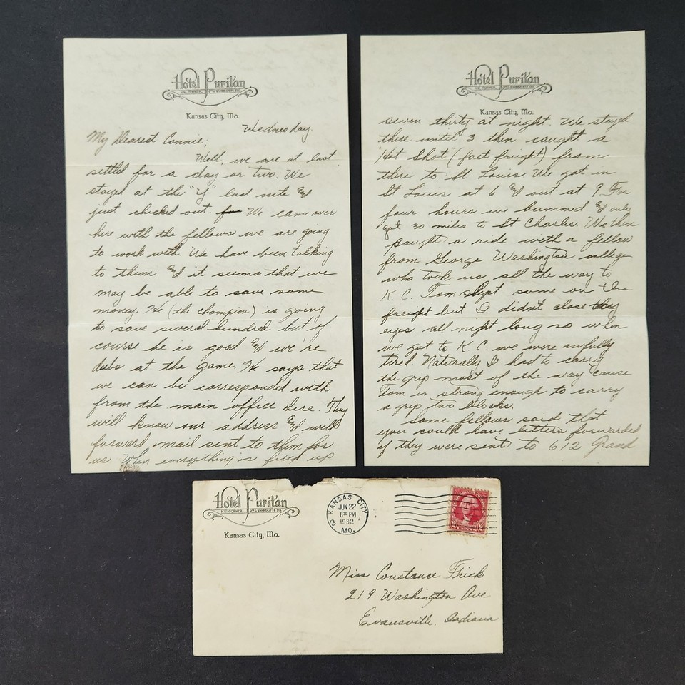 1932 antique HOTEL PURITAN kansas city mo LETTERHEAD LOVE LETTERS ...
