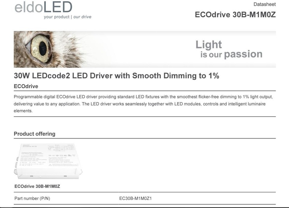 LED Driver, ECOdrive 30B-M1M0Z, eldoLED, 30W, LEDcode2 + AUX, 1 control channel | eBay