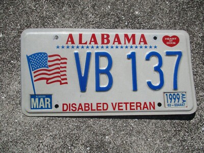 Alabama 1999 Disabled Veteran license plate # VB 137 | eBay