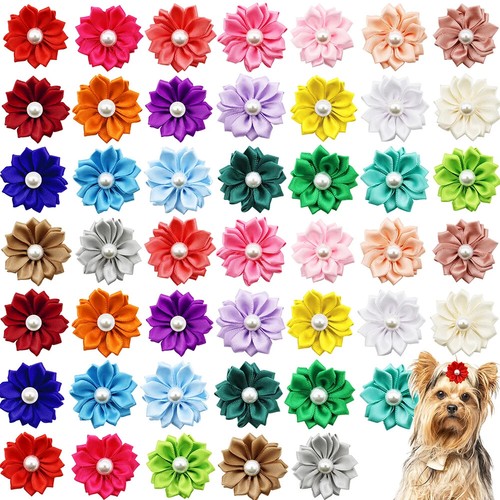 Flower Rubber Band Pet Dog Hair Bows with Pearl Puppy Cat Grooming Hair ...