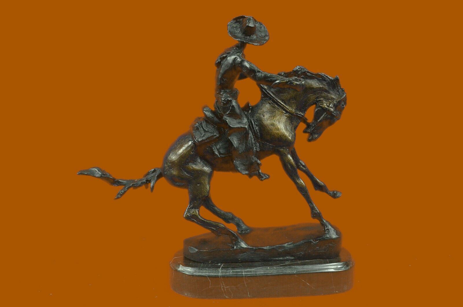FREDERIC REMINGTON BRONZE COWBOY RIDING BUCKING HORSE STATUE W/MARBLE ...