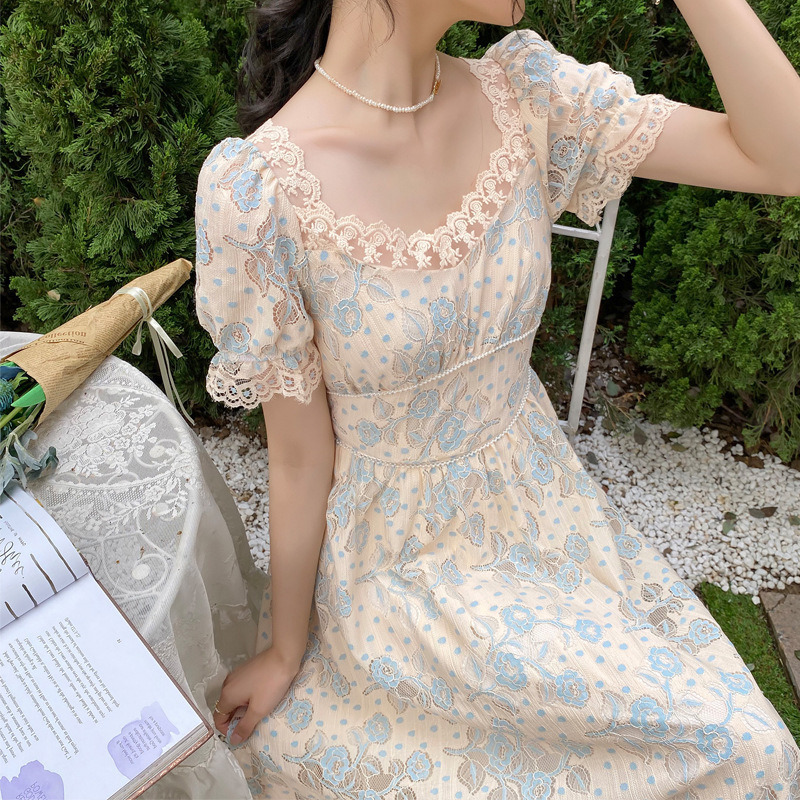 Lady Floral Rose Tea Dress Lace Puff Short Sleeve Ruffle Retro ...