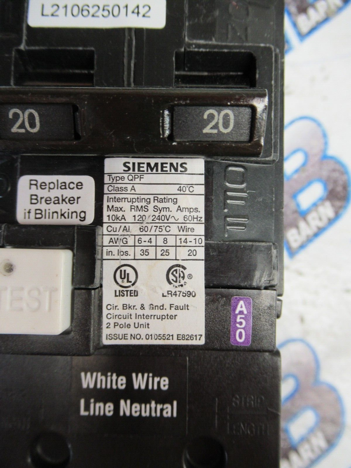 Siemens QF220A GFCI Circuit Breaker 20 Amp 240 Volt 2P 10kaic- WARRANTY ...