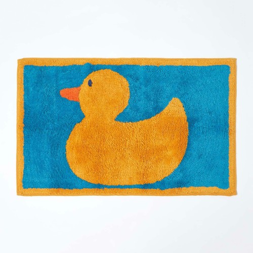 Homescapes Rubber Duck Bath Mat Blue & Yellow 100% Cotton Non Slip Bath ...