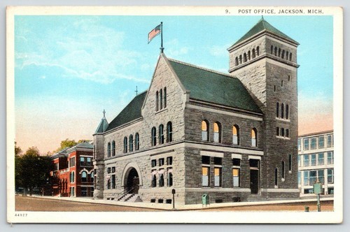 Jackson Michigan~Post Office~Flag on Roof~Buildings Beside-Behind~1920s ...