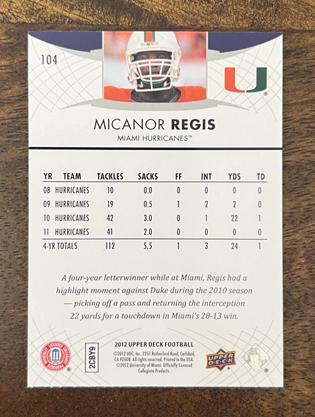 2012 Upper Deck Star Rookies Micanor Regis Rookie Miami Hurricanes #104 ...