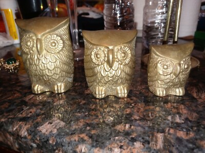 Set of 3 Vintage Leonard Silver Mfg Co Solid Brass Collection Owls 70's ...