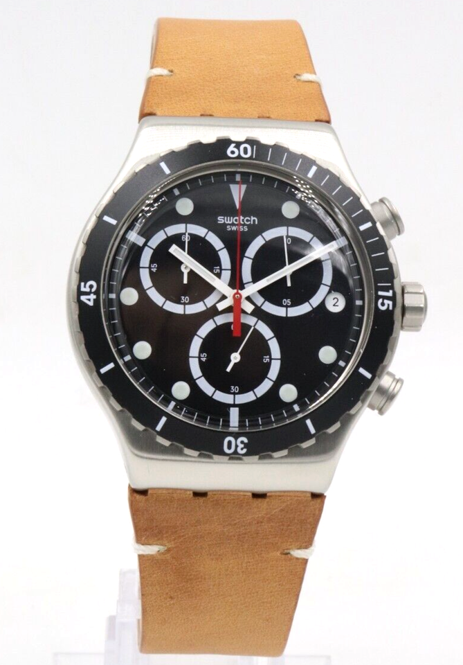 New Swiss Swatch IRONY Disorderly Chrono Leather Date Watch 44mm YVS424 ...