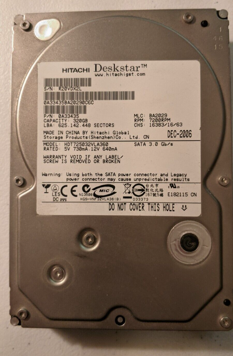 Hitachi Deskstar 320GB 7200RPM 3.5" (HDT725032VLA360) SATA hard drive ...