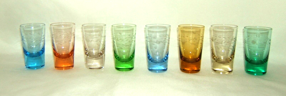 Vintage Shot Glasses Set of 8 Etched Multicolored ~ Excellent ~ Heavy ...