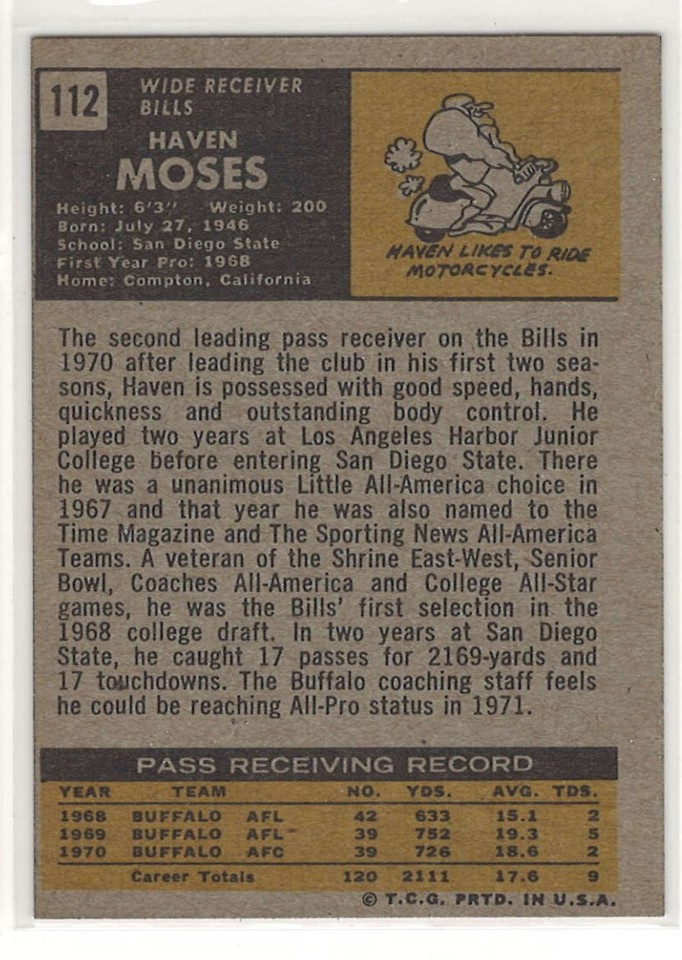 1971 Topps Football #112 Haven Moses Buffalo Bills Denver Broncos | eBay