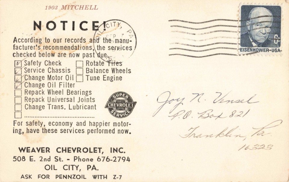Oil City PA, 1903 Mitchell, Weaver Chevrolet Service Reminder, Vintage ...