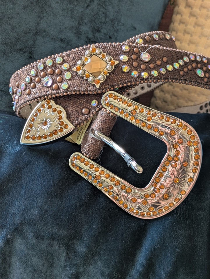 Western-style rhinestone studded leather belt from Bit and Bridle size ...