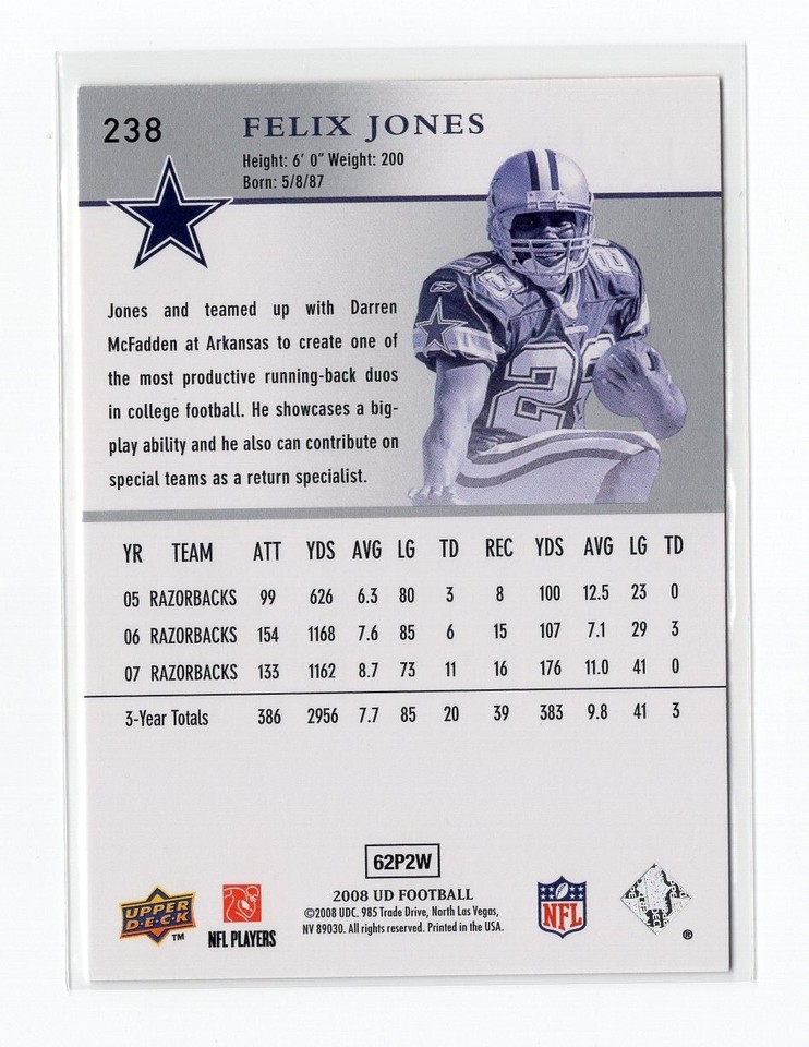Football Card - 2008 Felix Jones 238 - Dallas Cowboys Upper Deck Star ...
