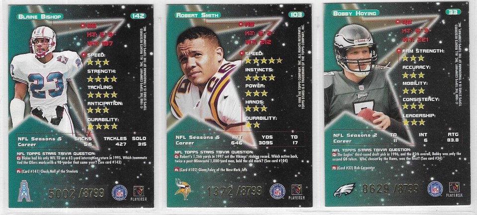 1998 TOPPS NFL STARS RED CARD 33 Bobby Hoying 103 Robert Smith 142 ...