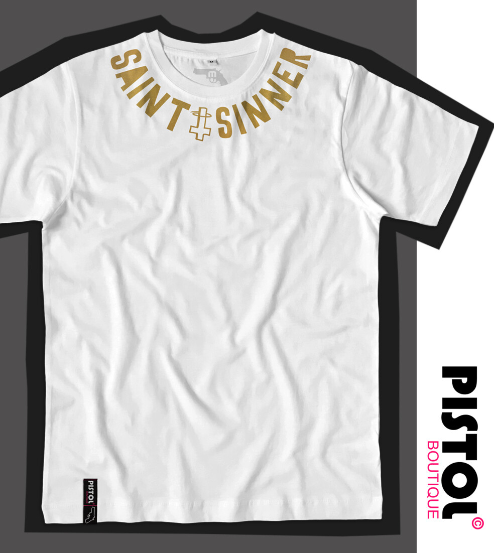 Pistol Boutique men's White crew neck GOLD SAINT & SINNER CROSS Slogan ...
