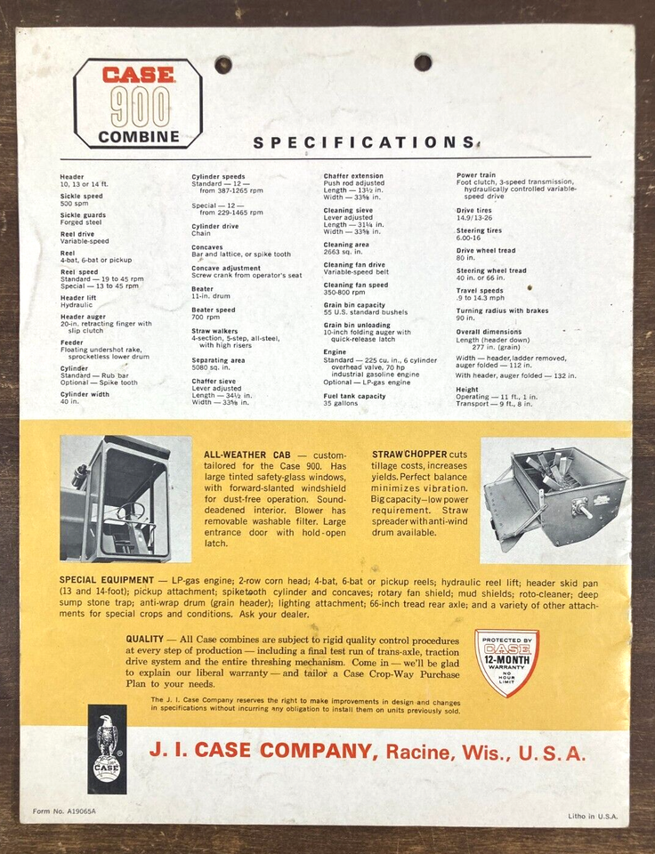 J.I. Case Model 900 Self-Propelled Combine 1965 Dealer Sales Brochure ...
