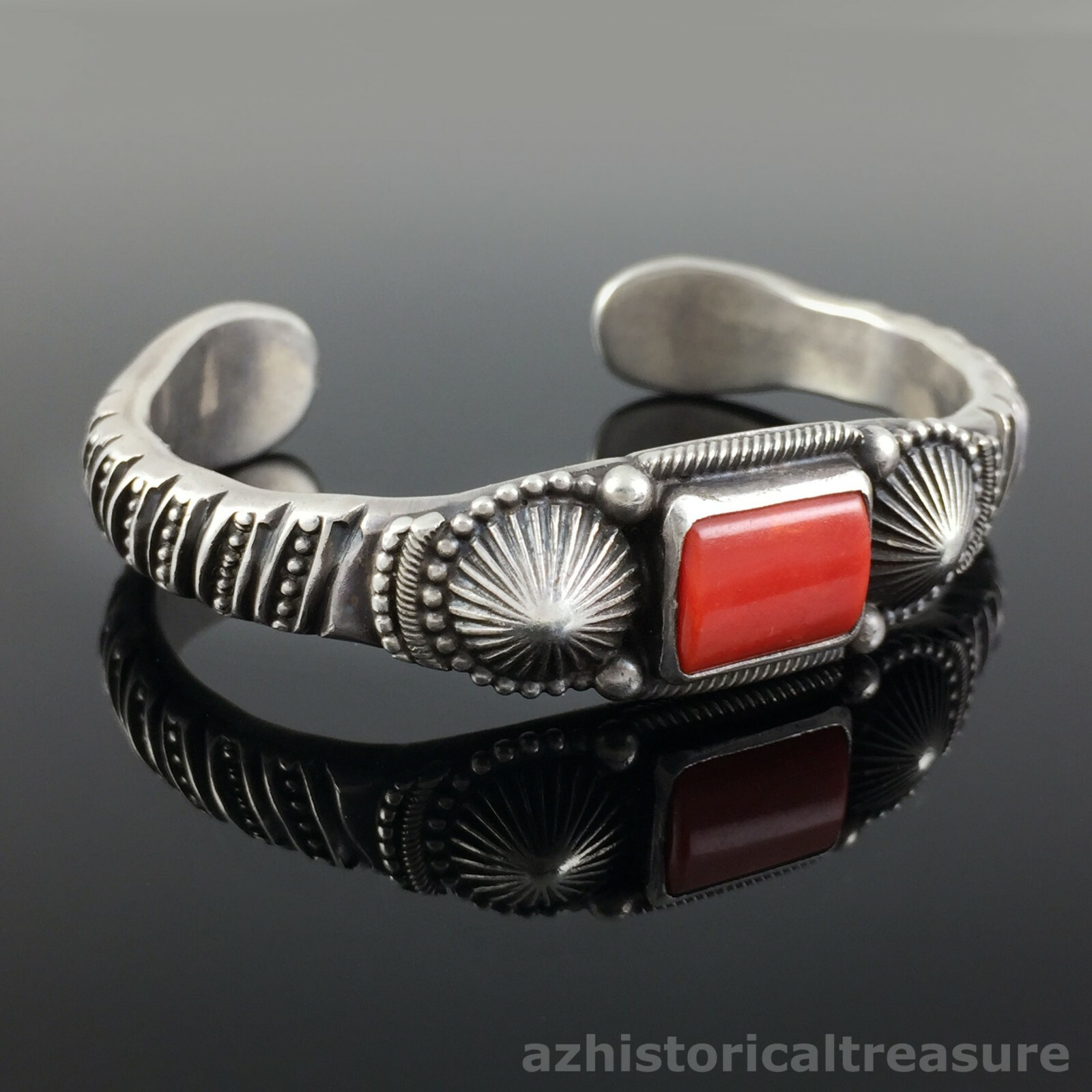 JOHN BEGAY JR - NAVAJO HEAVY GAUGE STERLING SILVER & RED CORAL CUFF ...