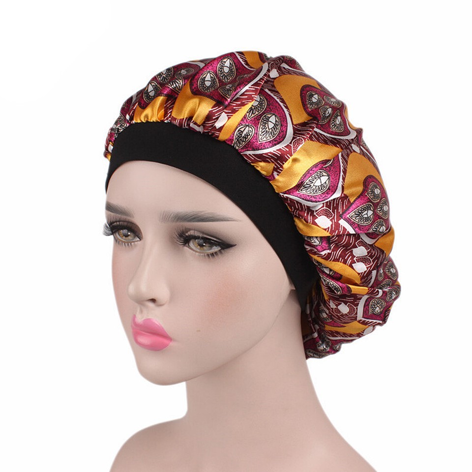 US Women Satin Night Sleep Cap Hair Bonnet Hat Silk Head Cover Wide ...