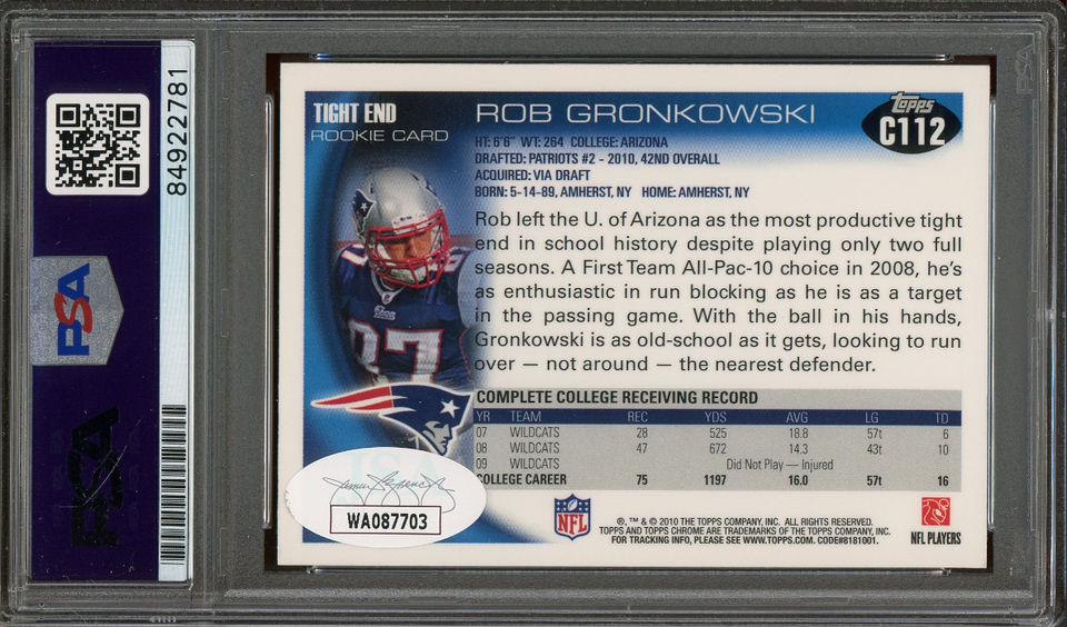Rob Gronkowski Signed 2010 Topps Chrome Rookie Card - Auto Gem Mint 10 ...