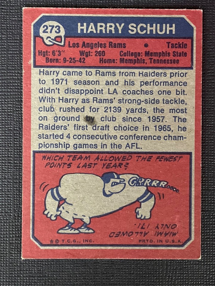 Harry Schuh 1973 Topps Football Card #273 - Los Angeles Rams Tackle | eBay