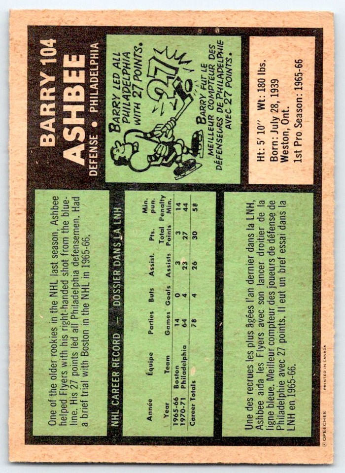 1971-72 O-Pee-Chee Barry Ashbee Rookie Card #104 EX-MT Vintage Hockey ...