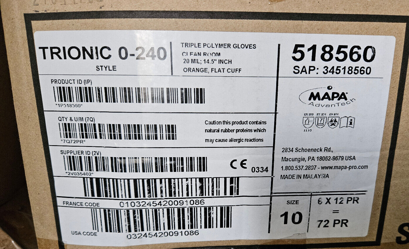 72 PAIRS TRIonic 0-240 518 MAPA AdvanTech Gloves size 10 (L-XL) Orange ...