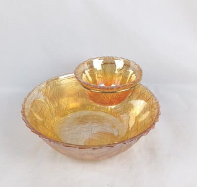 Vtg Indiana Glass Co. Orange Glass Chip /Dip Set Basket Weave Pattern ...