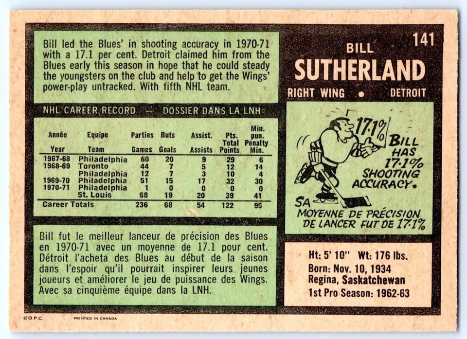 BILL SUTHERLAND 1971-72 O-PEE-CHEE 71-72 NO 141 EXMINT+ 76929 | eBay