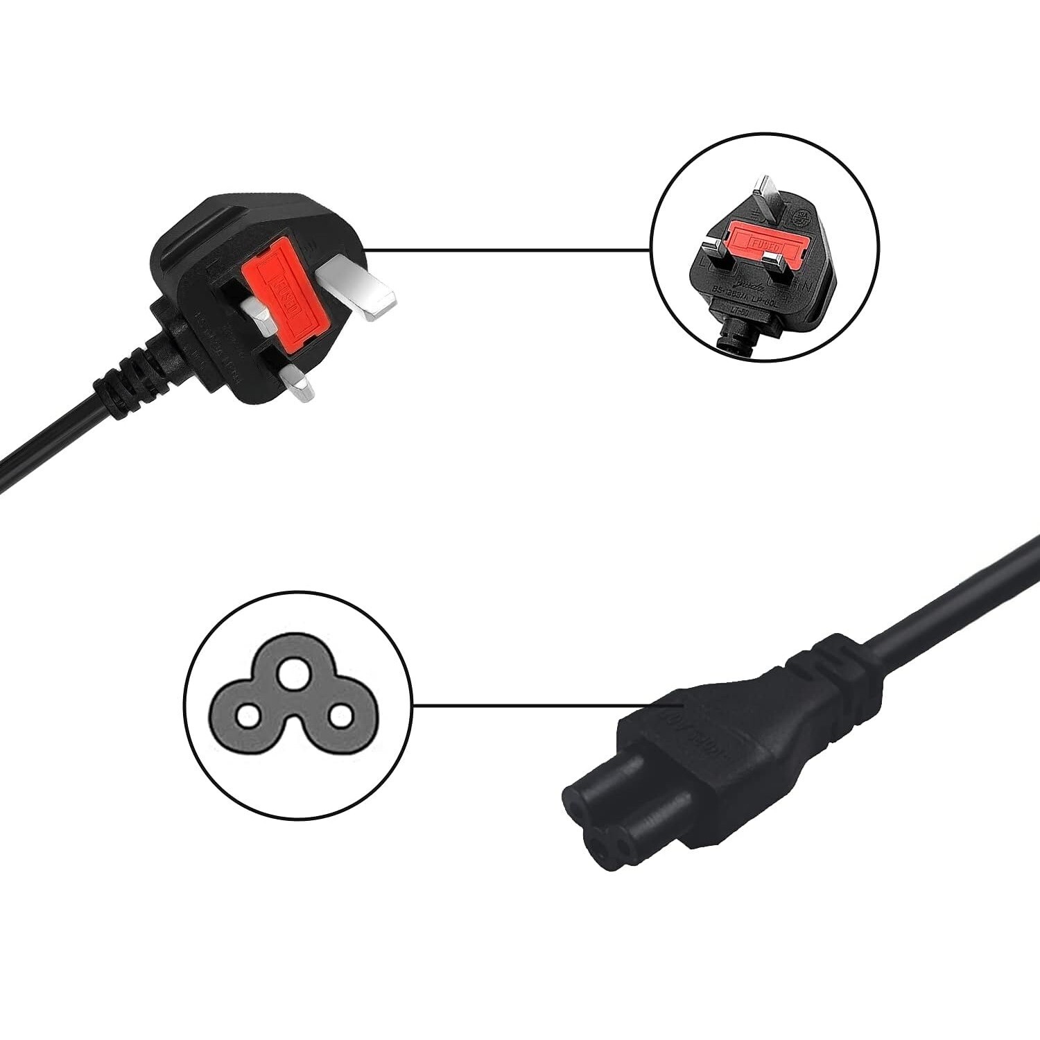 UK Laptop Power Cable 75cm BS 1363 to C5 Cloverleaf 13A 250V 16AWG 1 ...