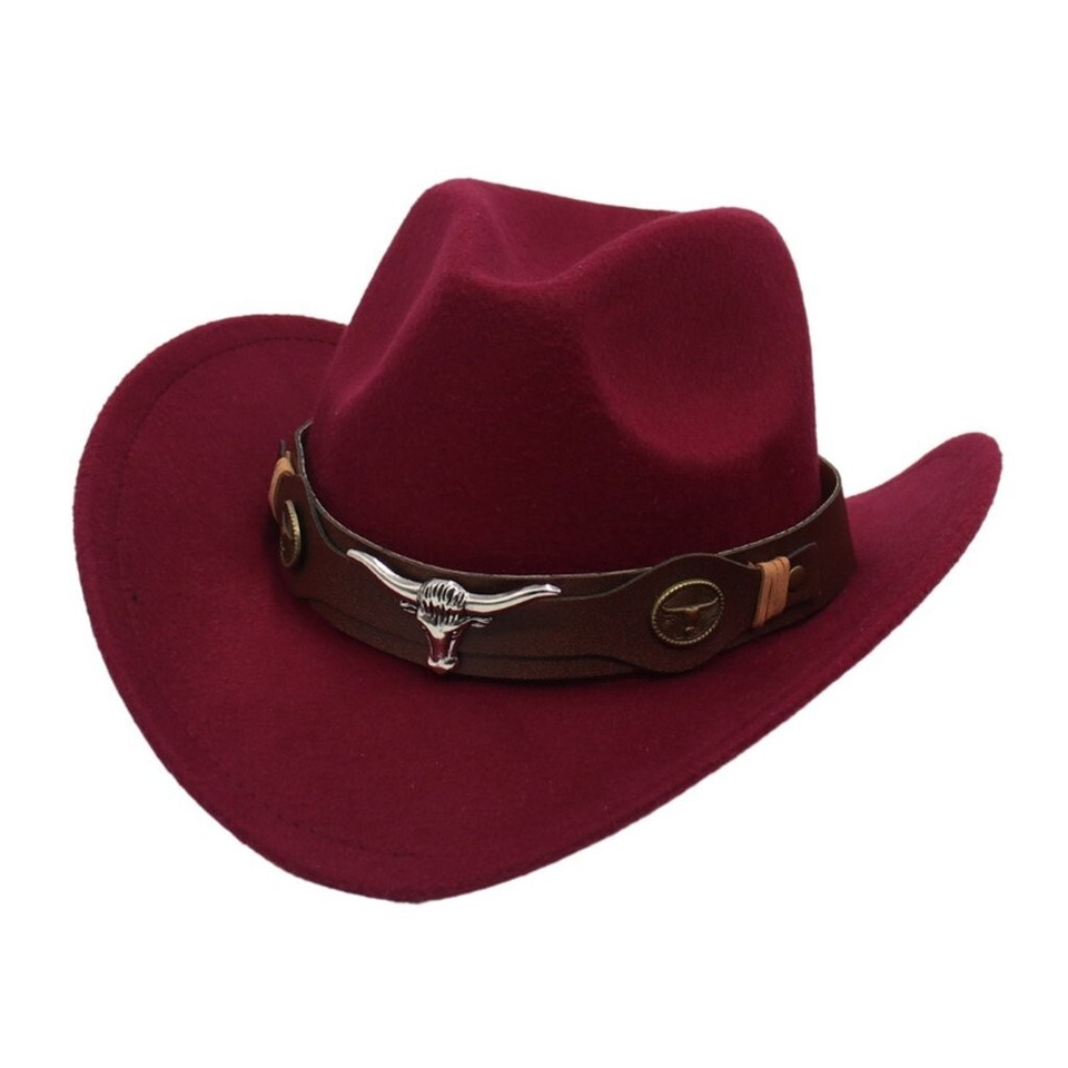 Red, Maroon Western Cowboy, Cowgirl Hat, Bull Horns Strap, Men Women ...