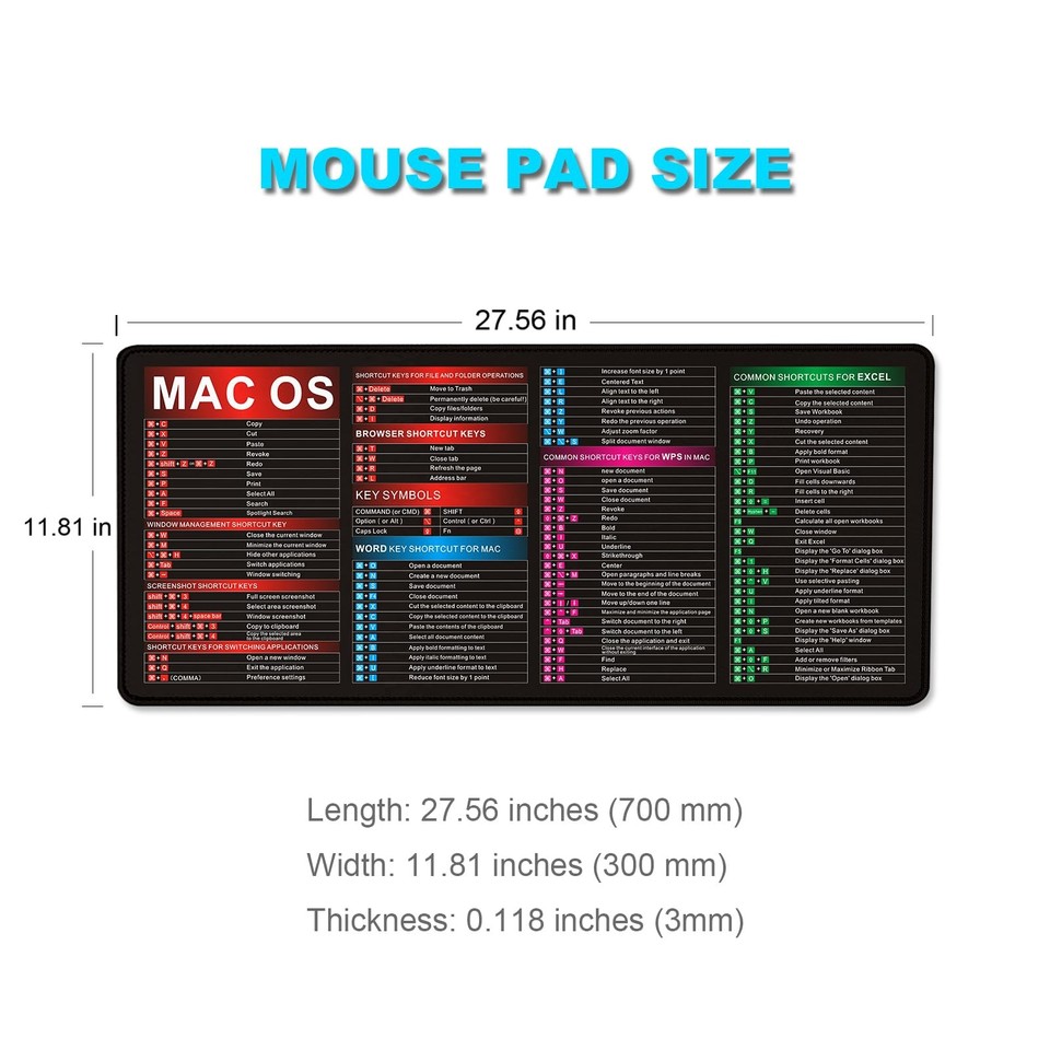 MAC OS Shortcut Key Mouse Pad-Cheat Sheet Desk Mat XX-Large, Black ...
