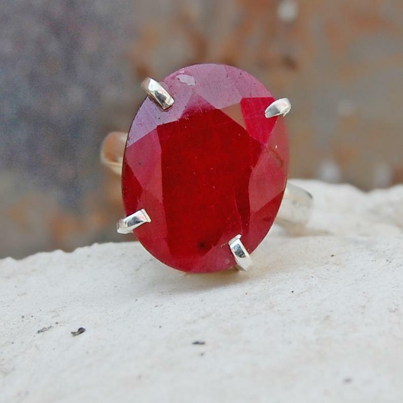 925 Sterling Silver Ring, Ruby Gemstone Handmade Artisan Prong Set Gift ...