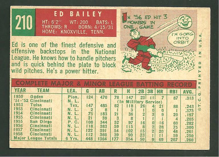 1959 Topps #210 Ed Bailey Vintage Baseball Card Cincinnati Redlegs Reds ...