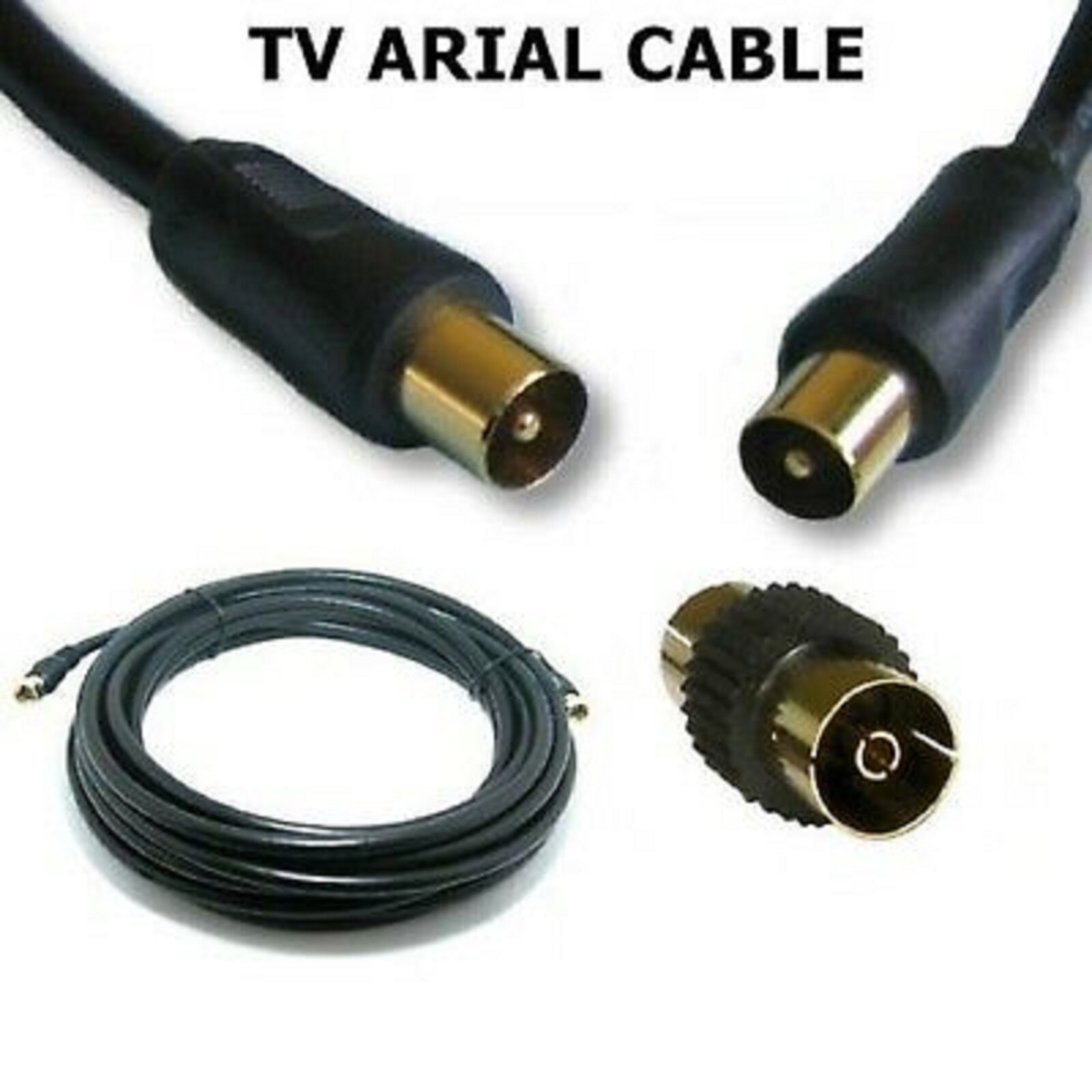COAXIAL TV ARIAL LEAD CABLE MALE TO MALE & ADAPTER/COUPLER 1M,1.8M,3M ...