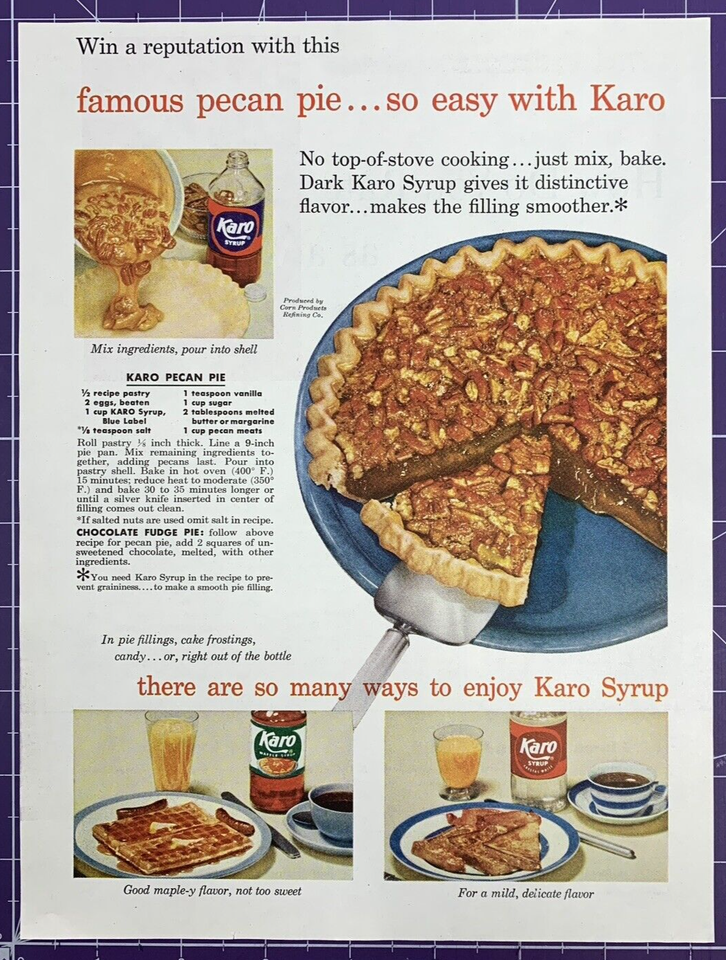 KARO SYRUP WITH PECAN PIE RECIPE 1954 PRINT AD | eBay