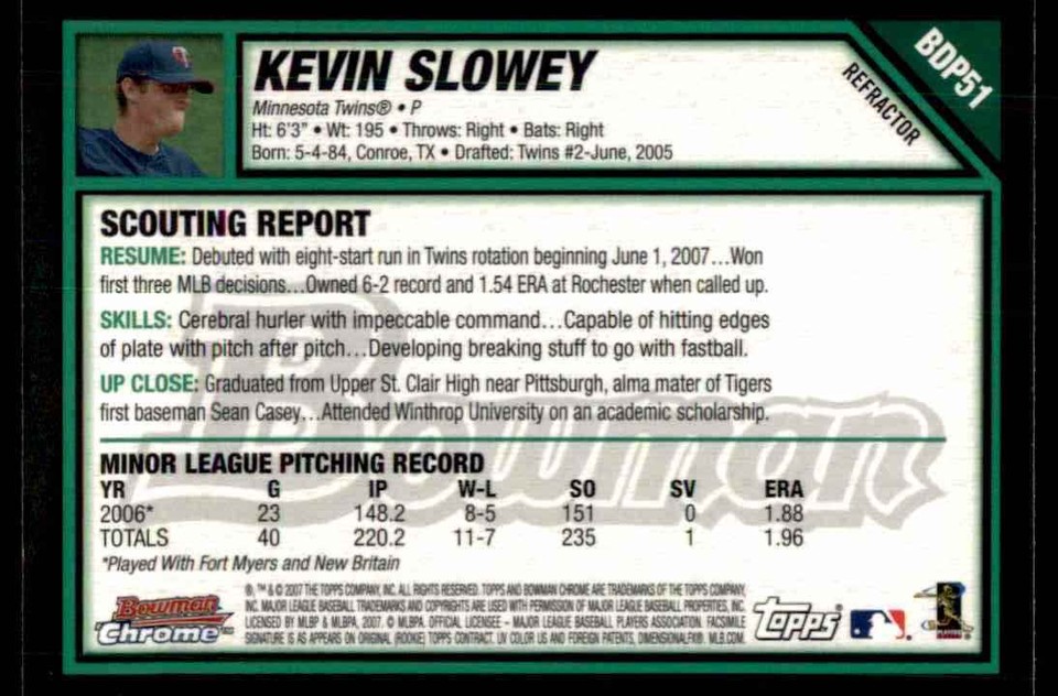 2007 Bowman Chrome Refractor RC Kevin Slowey Minnesota Twins | eBay