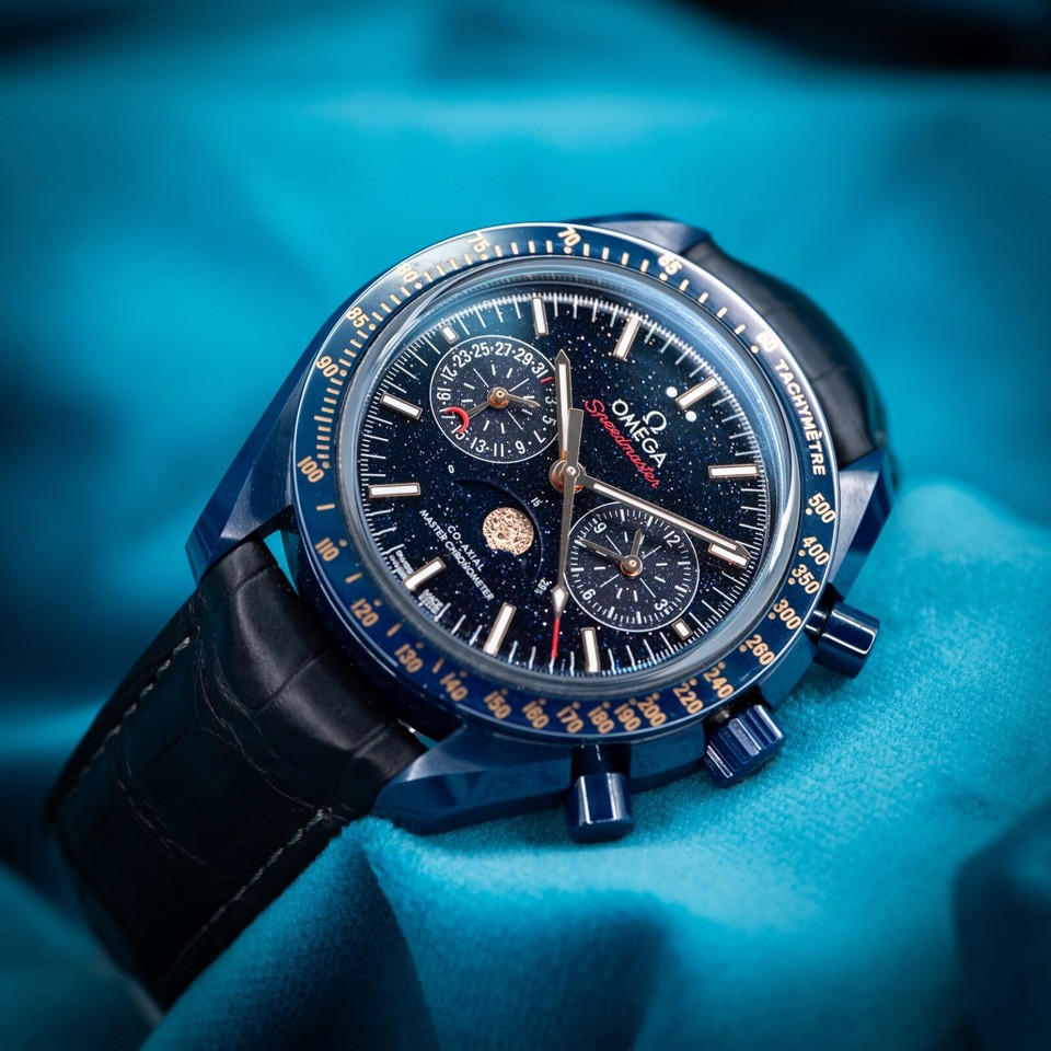 Omega Speedmaster Moonphase Blue Side of The Moon Aventurine Dial Box ...