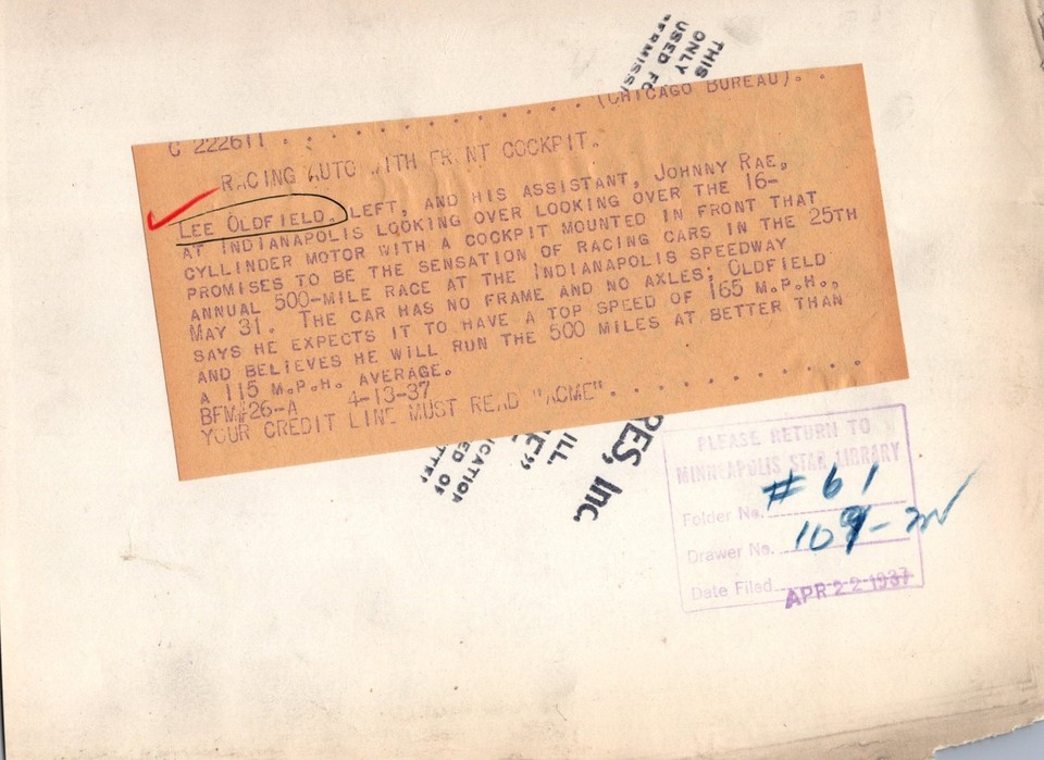 1937 Lee Oldfield Johnny Rae Indianapolis Speedway - Original Press ...