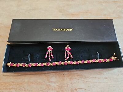 Technibond Sterling Silver Goldtone Tennis Bracelet & Earrings Ruby Set ...