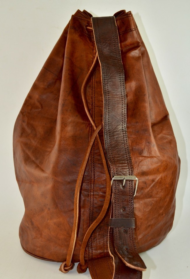 Organic Leather Drawstring Bucket Duffel Bag Backpack Rucksack Moroccan ...