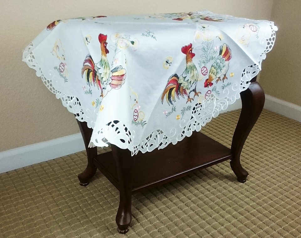 Easter Embroidery Embroidered Cutwork 33" Tablecloth Chicken Rooster ...