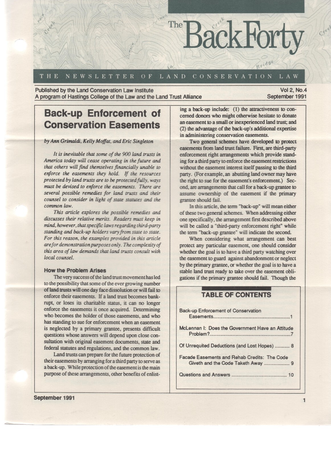 The Back Forty Newsletter September 1991 Back Up Enforcement of ...