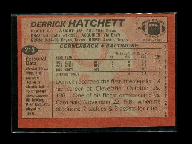 Vintage 1983 TOPPS Football Trading Card #213 DERRICK HATCHETT Baltimore Colts | eBay