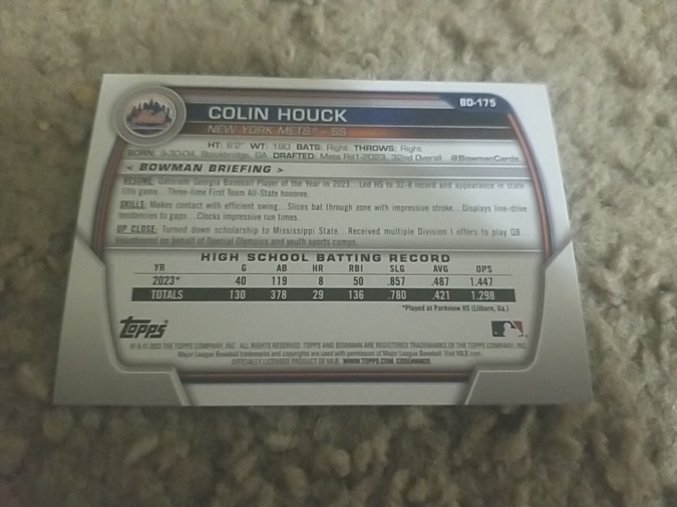 COLIN HOUCK 2023 1st BOWMAN DRAFT CARD BD-176 METS (10-CARD FIRST ...