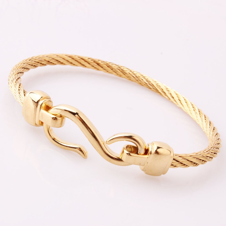 Stainless Steel Gold Tone Distorted Cable Chain Cuff Bangle Womens Mens ...